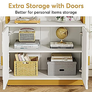 Tribesigns White and Gold Bookshelf with Doors: 70.9 Inches Tall Etagere Bookcase with 3 Shelves 2 Cabinets, Modern Open Display Book Shelves with Metal Frame for Living Room Bedroom Office