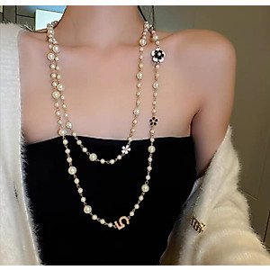 Designer Imitation Pearl Neckalce Camellia Flower Number 5 Long Layered Charm Sweater Neckalce for Women