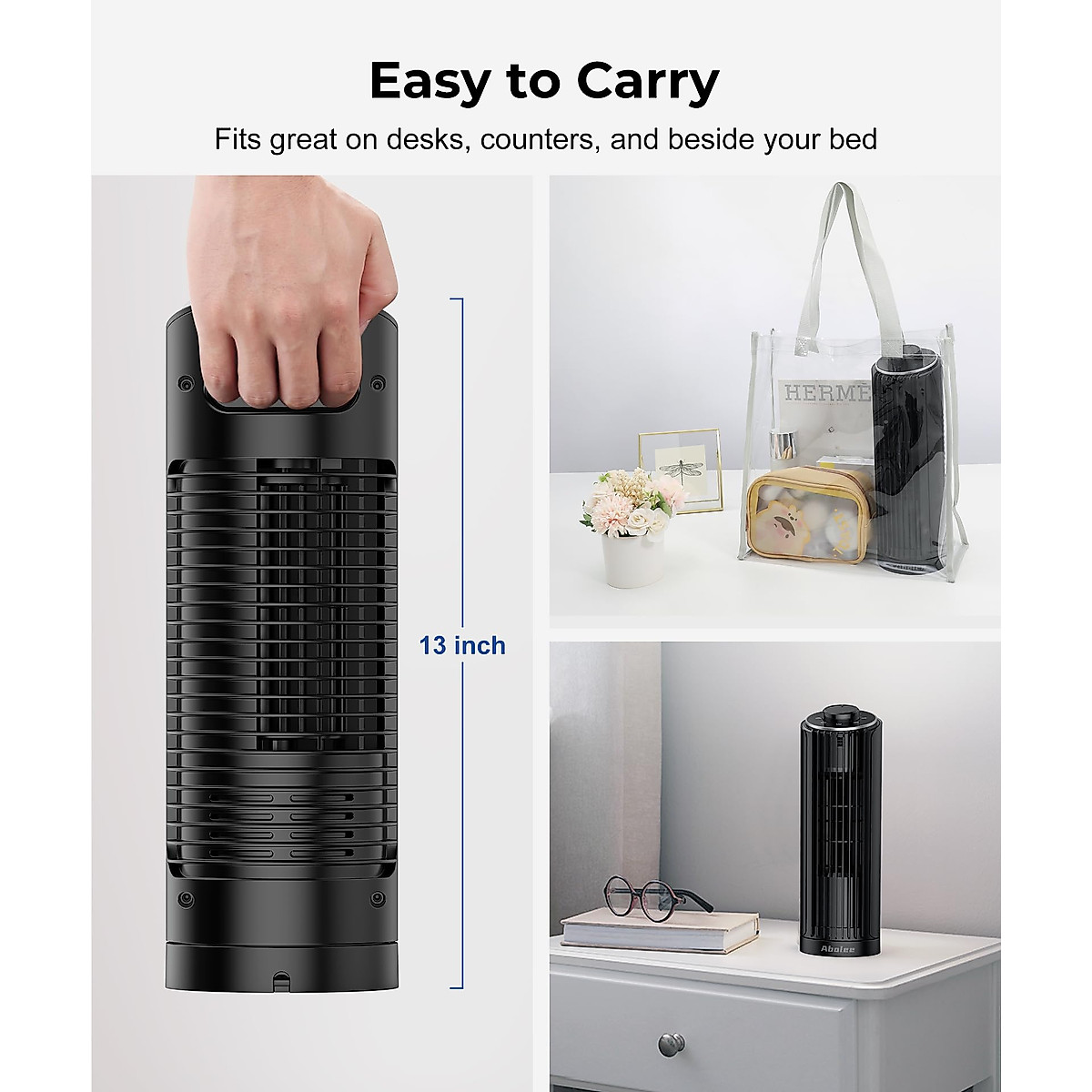 Abolee Tower Fan, 23ft/s Desk Fan, 70° Oscillating Table Fan for Bedroom, Standing Table Fan with 3 Modes, 2024 New 13 Inch Bladeless fan for Bedroom, Home,Office Black