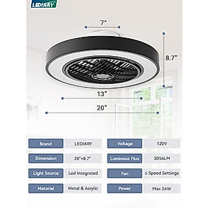 LEDIARY 20 Inch Low Profile Ceiling Fans With Lights, Led Bladeless Ceiling Fan, Remote Control Enclosed Flush Mount Ceiling Fan With Timming, 3000-6000K, 6 Wind Speed, 3000LM, 57W-Black
