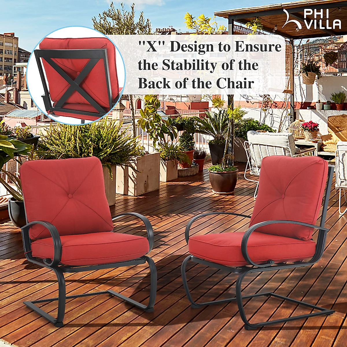 PHI VILLA Outdoor Patio Dining Set of 3, Heavy Duty Spring Dining Chairs and Round Table Bistro Furniture Set with Movable Red Cushioned Seats for Garden & Lawn