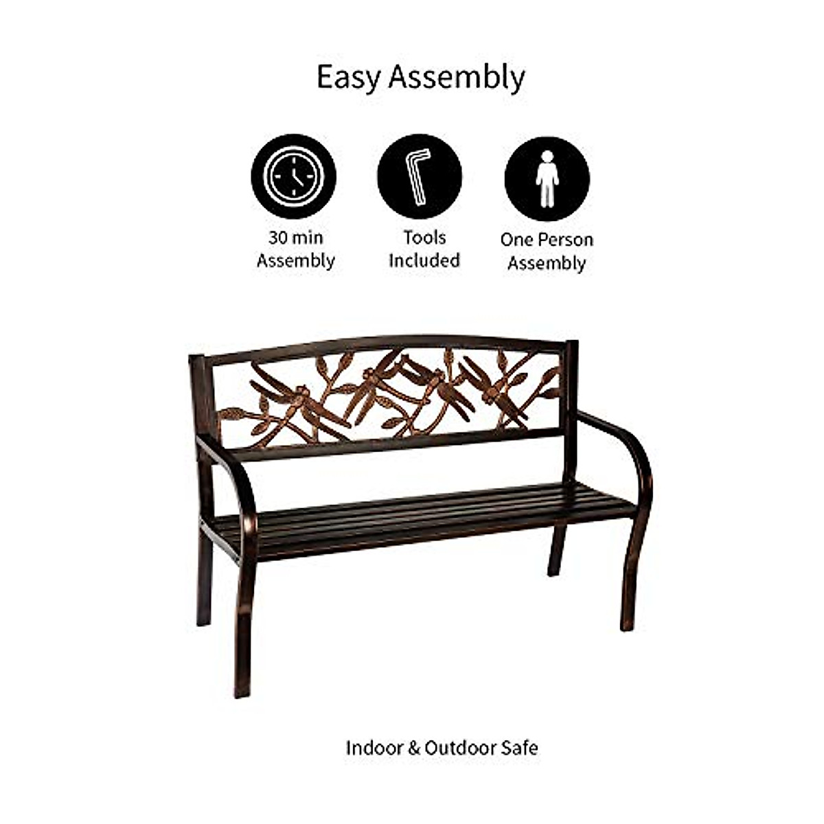 Evergreen Weatherproof Dragonfly Outdoor Bench | Holds Up to 300 lbs | Furniture for Lawn Garden Patio Porch Park Deck | Steel | Bronze