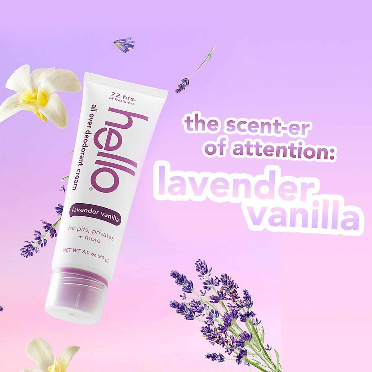 hello All Over Lavender Vanilla Whole Body Deodorant Cream, Aluminum Free Deodorant Cream for Pits, Privates + More, Offers 72 Hours of Freshness, Safe for Sensitive Skin, Vegan, 1 Pack, 3 Oz Tube