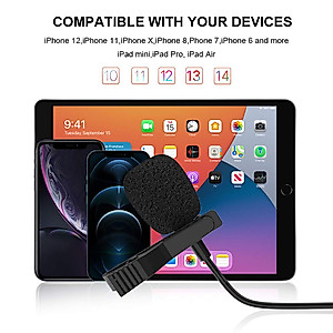 Microphone Professional for iPhone Lavalier Lapel Omnidirectional Condenser Mic Phone Audio Video Recording Easy Clip-on Lavalier Mic for Facebook YouTube Interview Tiktok for iPhone/iPad/iPod(9.8ft)