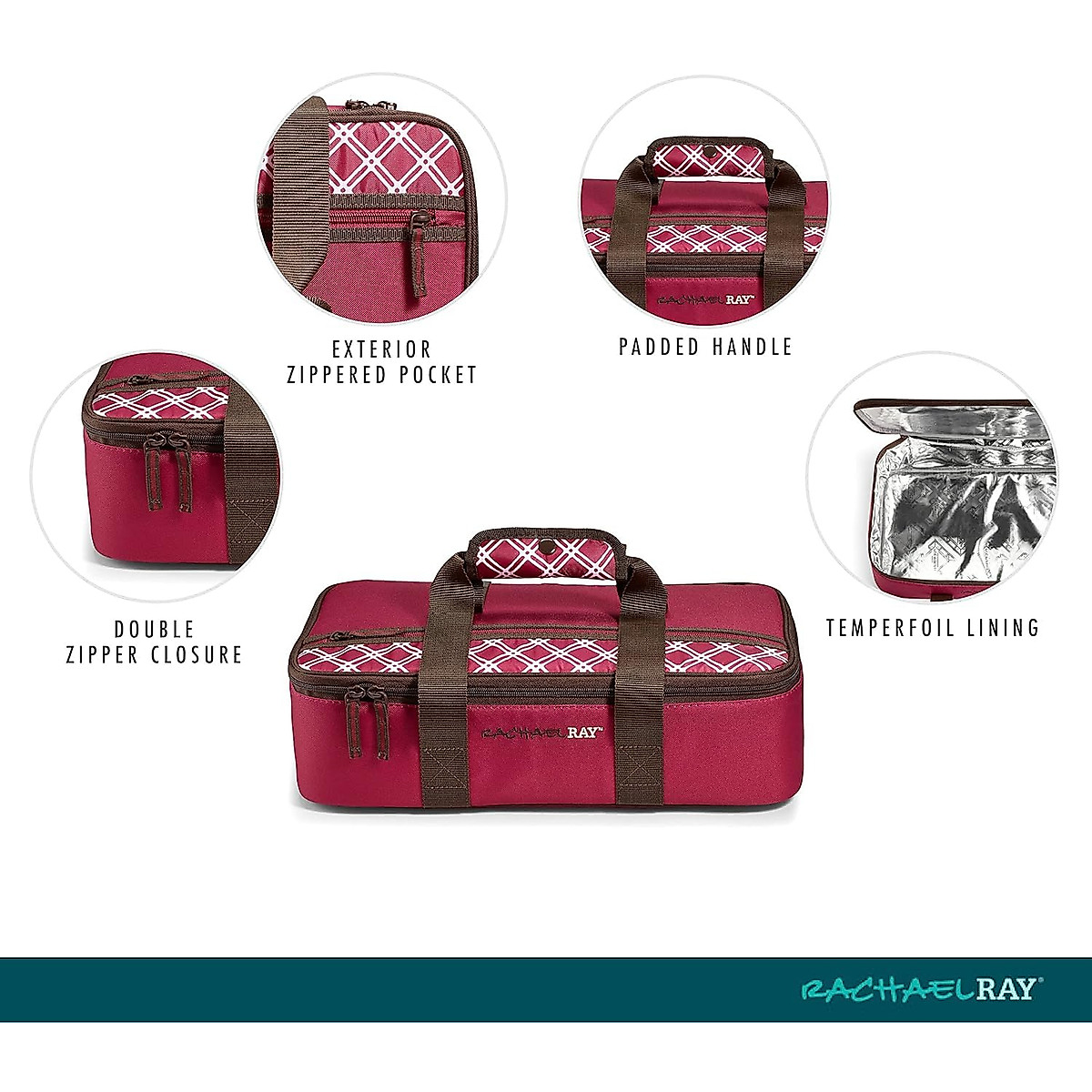 Rachael Ray Lasagna Lugger, Thermal Insulated Casserole Carrier for Hot or Cold Food, Lugger Tote for Pockluck, Parties, Picnic, and Cookouts, Fits 9" x 13" Baking Dish, Burgundy