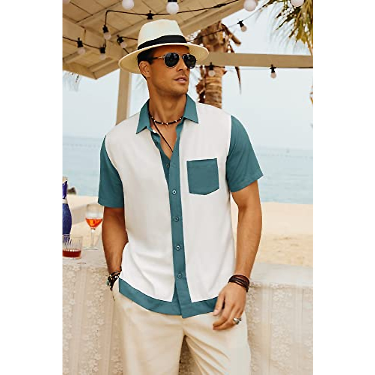 PJ PAUL JONES Men 50s Retro Bowling Shirt Short Sleeve Summer Beach Shirt White, Small