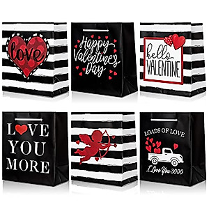Whaline 12Pcs Valentine's Day Paper Gift Bags with Handle White Black Stripe Candy Goodie Bag Heart Love Truck Cupid Holiday Treat Bags Party Favor Bags for Wedding Engagement Wrapping Gift Supplies