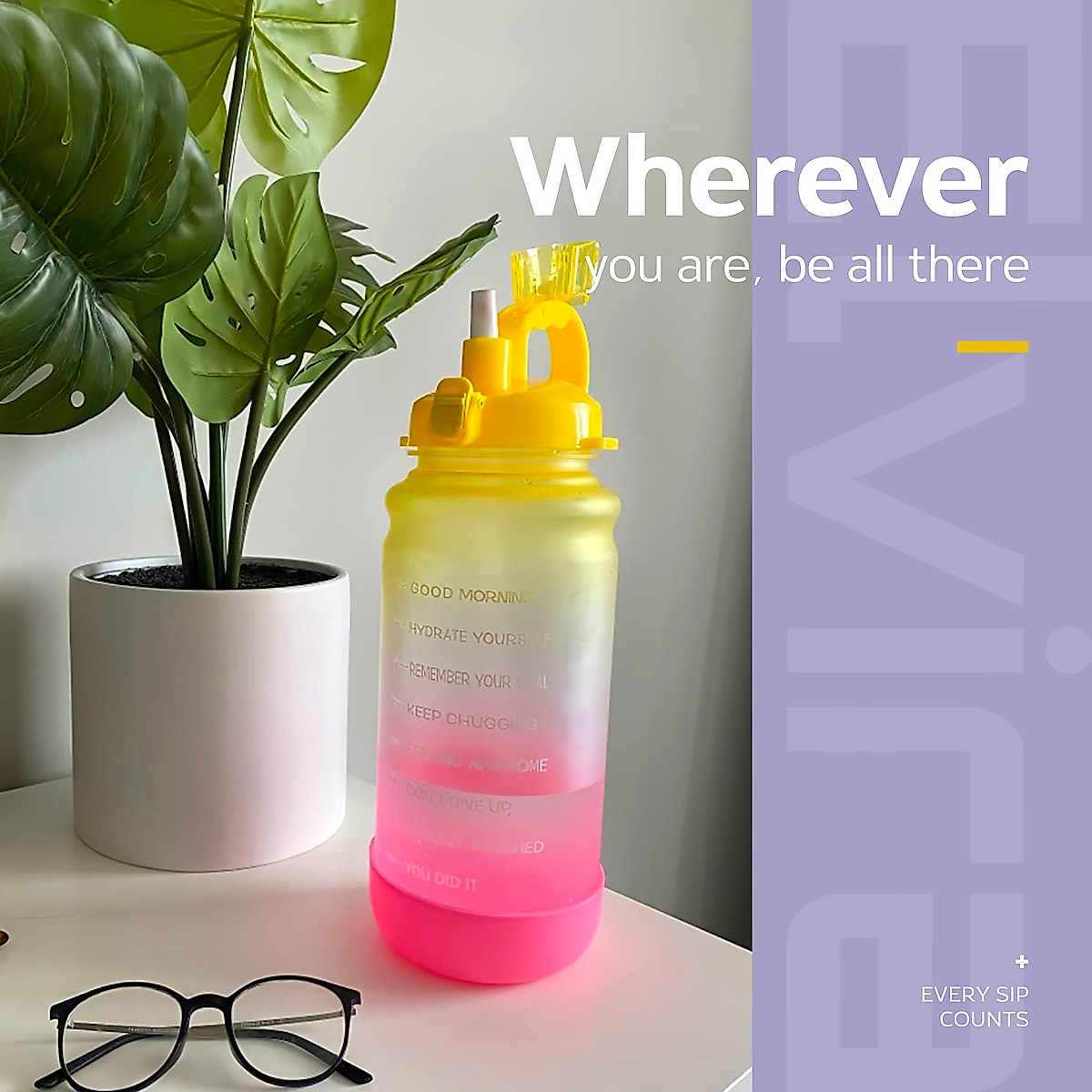 Elvira Half Gallon/64oz Motivational Time Marker Water Bottle with Straw & Protective Silicone Boot, BPA Free Anti-slip Leakproof for Fitness, Gym and Outdoor Sports-Pink/Yellow