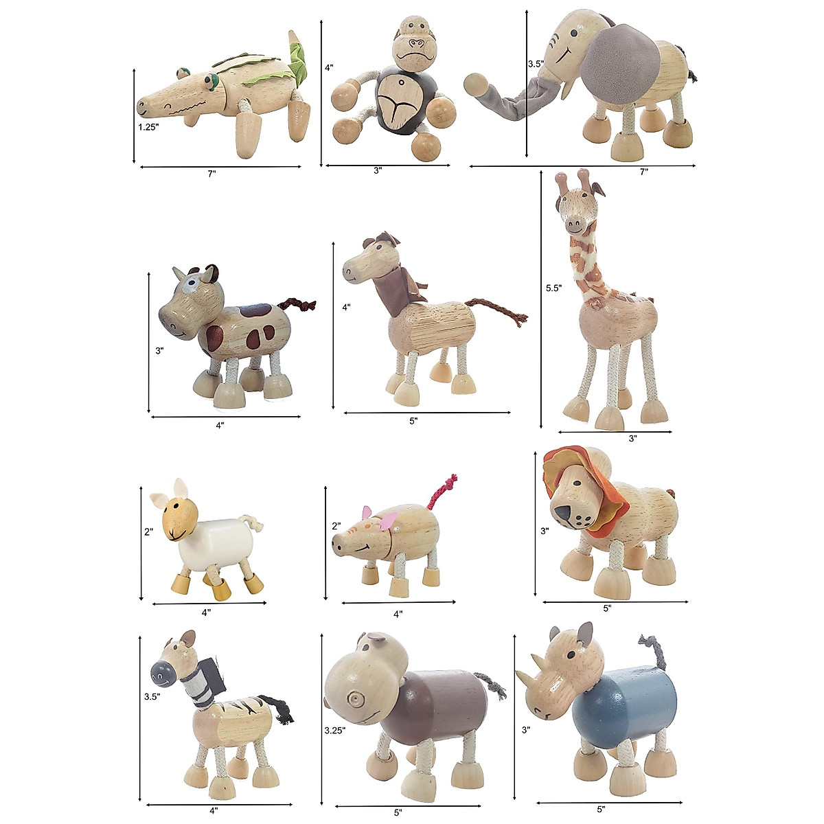 TEKOR Bendable Wooden Animal Toys, Set of 12 | Fun & Posable Farm & Jungle & Safari Animals for Toddlers | Preschool Montessori Toy, Smooth Natural Wood Animals for Girls Boys