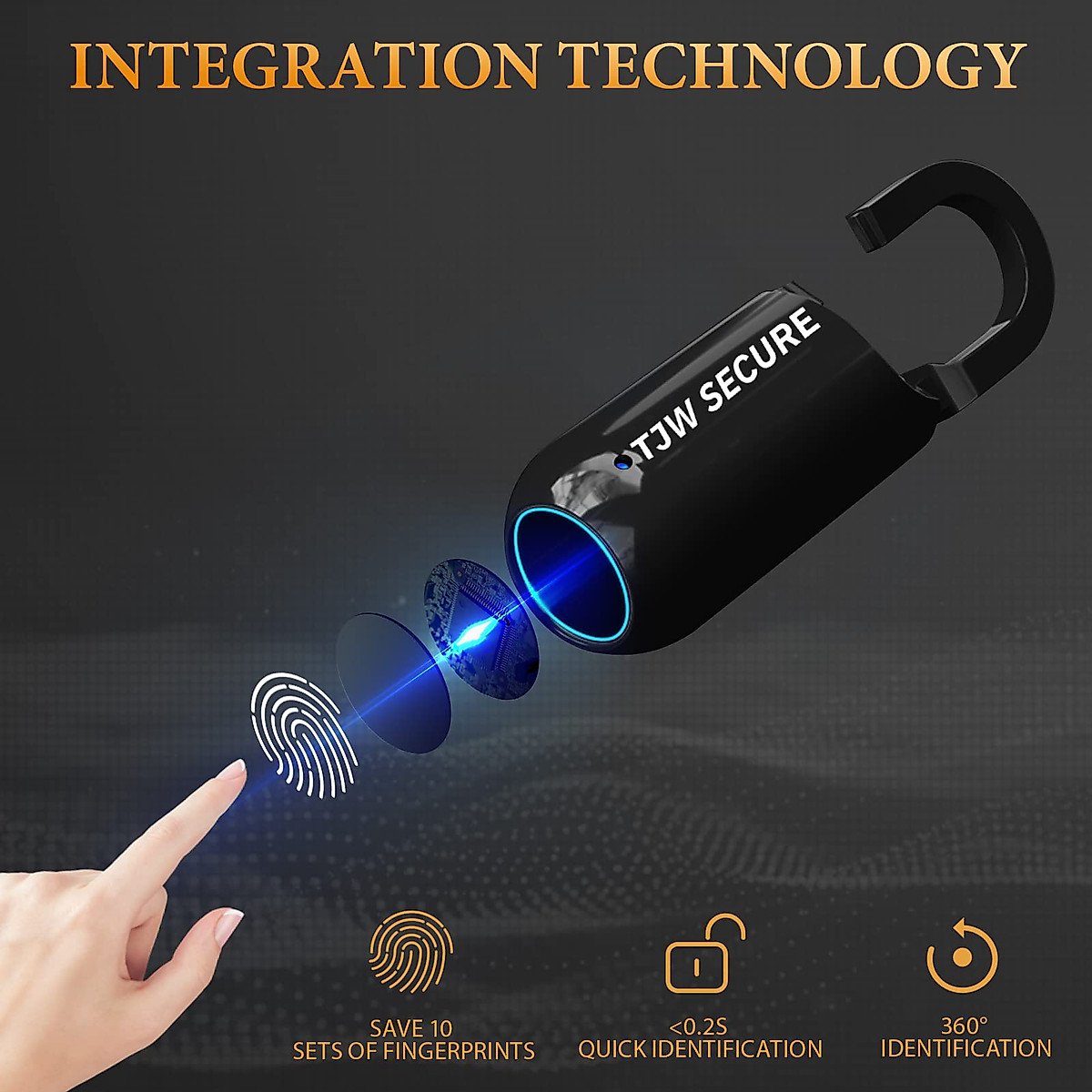 Fingerprint Padlock, Mini Black Padlock Fingerprint Lock, Long Standby Time USB Charge Keyless Padlock for Gym School Locker, House Door, Travel Luggage, Backpack