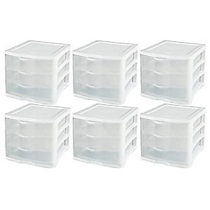 Sterilite Clear Plastic Stackable Small 3 Drawer Storage System for Home Office, Dorm Room, or Bathrooms, White Frame, (6 Pack)