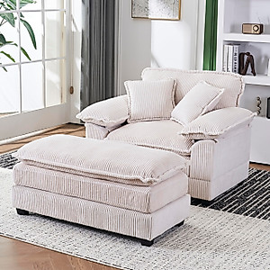 Corduroy Overstuffed Chaise Lounge Chair, Oversized 47" W Single Sofa Ottoman & Pillows,Comfy Deep Seat Cloud Sofa Couch for Living Room Bedroom Nursery (Cream White)