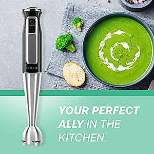CHEFX 5-in-1 Immersion Blender - 9 Speed Ultra Powerful Stainless Steel Hand Mixer for Kitchen - Electric Handheld Stick Frother - Chop/Grind/Whisk/Froth/Blend - Turbo Mode - Food Grinder + Container