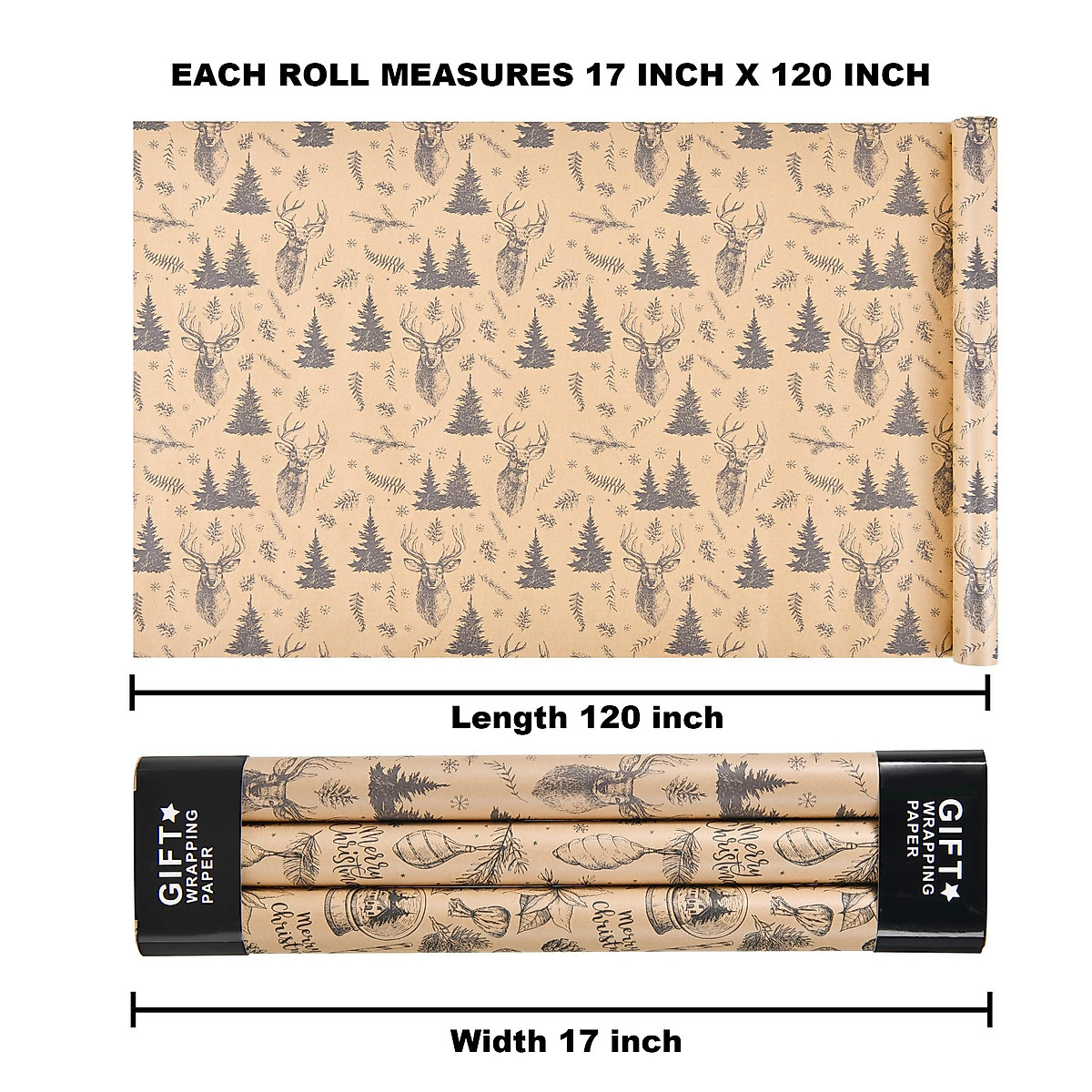 Titiweet Vintage Christmas Wrapping Paper Roll - Mini Roll 17" X 120" Kraft Christmas Wrapping Paper, 3 Rolls Aesthetic Christmas Wrapping Paper(Vintage Christmas)