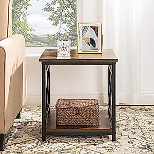 KSWIN Industrial End Table Side Table with 2-Tier Storage Shelf, 18'' Square Nightstand Bedside Table X-Design Metal Frame for Living Room Bedroom, Rustic Brown
