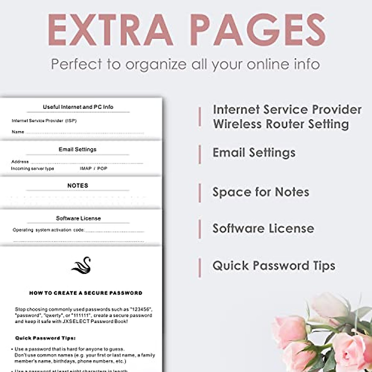 Elegant Password Book with Alphabetical Tabs - Hardcover Password Book for Internet Website Address Login - 5.2" x 7.6" Password Keeper and Organizer w/Notes Section & Back Pocket (Rose Gold)