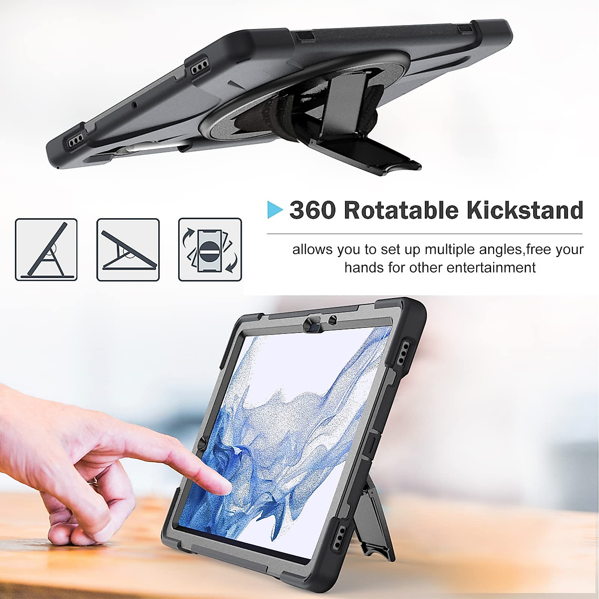 ProCase Galaxy Tab S8 Plus 2022 / S7 Plus 12.4” 2020 Case with S Pen Holder (Model SM-X800/X806/T970/T975), Rugged Heavy Duty Shockproof Case with Hand Strap Rotating Kickstand Protective Cover–Black
