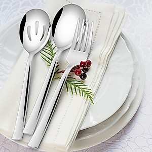 Square Serving Utensils Set of 6, E-far Stainless Steel 8.7 Inch Hostess Serving Set, Metal Serving Spoon Slotted Spoons Forks for Party Buffet Catering, Mirror Finished & Dishwasher Safe