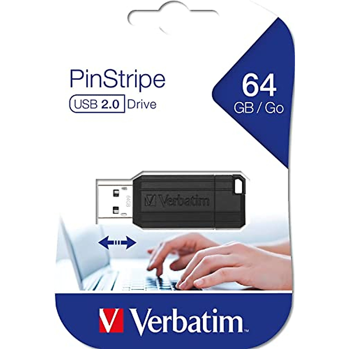Verbatim 64GB PinStripe Retractable USB 2.0 Flash Thumb Drive with Microban Antimicrobial Product Protection – Black
