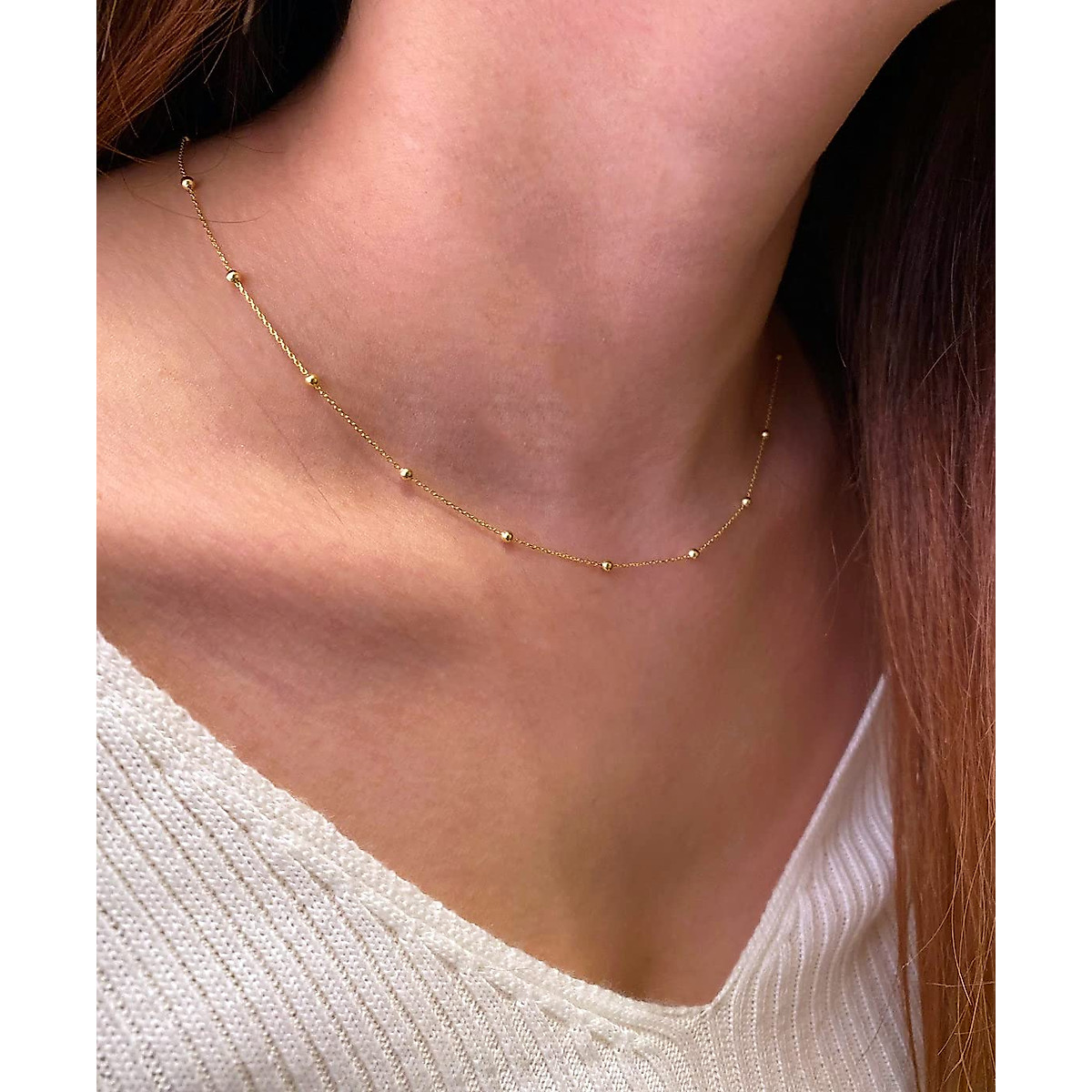 BERISO 14K Gold/Silver Plated Choker Necklace for Women Shining Dots Station Gold Chain Necklace Beads Sparkle Chain Necklace Link Chain Exquisite Jewelry for women