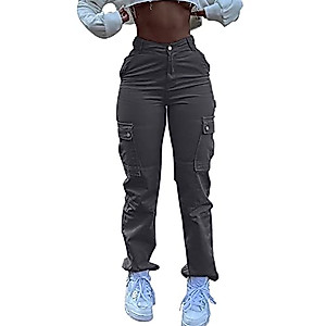 HCNTES Cargo Pants Women High Waisted Wide Leg Y2k Straight Pant for Women with Pockets Casual Parachute Plus Size Trousers Grey