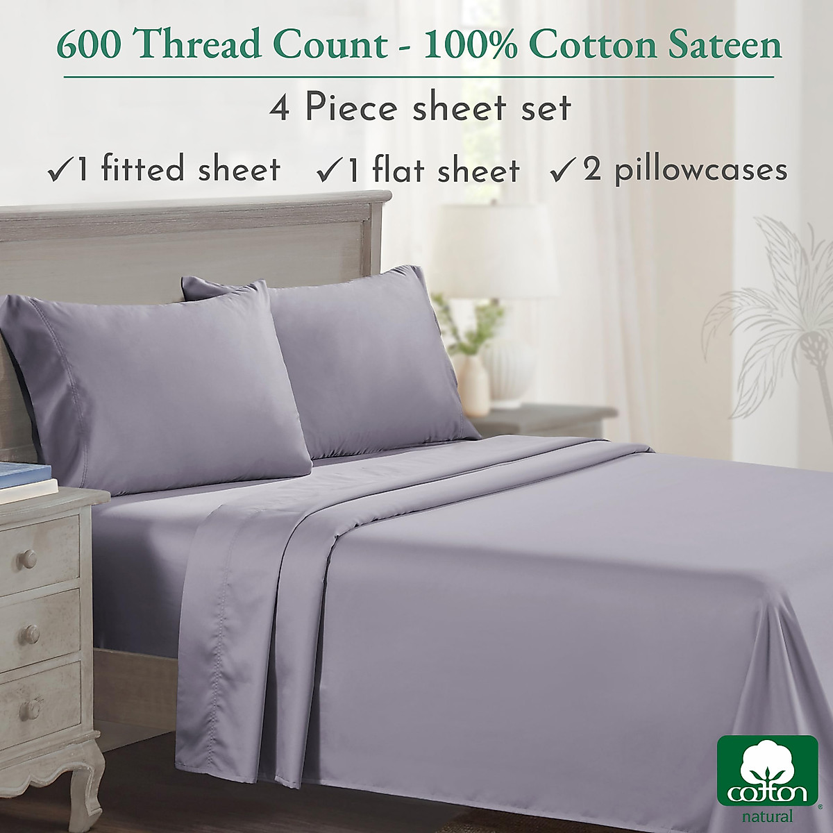 CALIFORNIA DESIGN DEN 5-Star Hotel 600 Thread Count 100% Cotton Sheets Set - Soft & Smooth Queen Sheet Set with Deep Pockets, Quality Beats Egyptian Cotton Claims (Lavender)