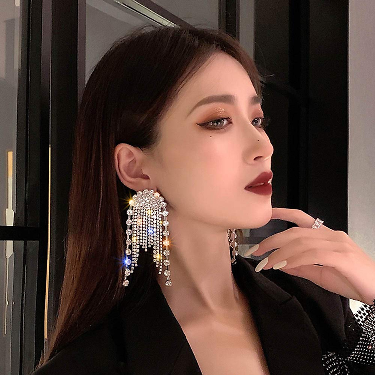 FXmimior Fashion Women Earrings Long Chain Drop Dangle Earrings Jewelry (Silver)