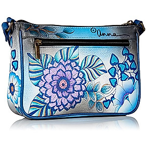 Anna by Anuschka Hand Painted Leather Women's Mini Wide Crossbody, Summer Bloom Blue