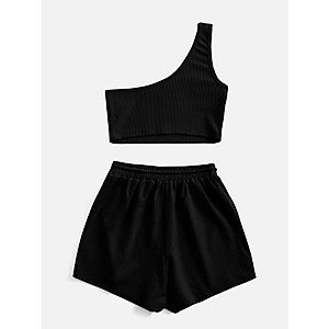 Verdusa Women's One Shoulder Tank Top and Lounge Shorts 2 Piece Tracksuit Set Black M