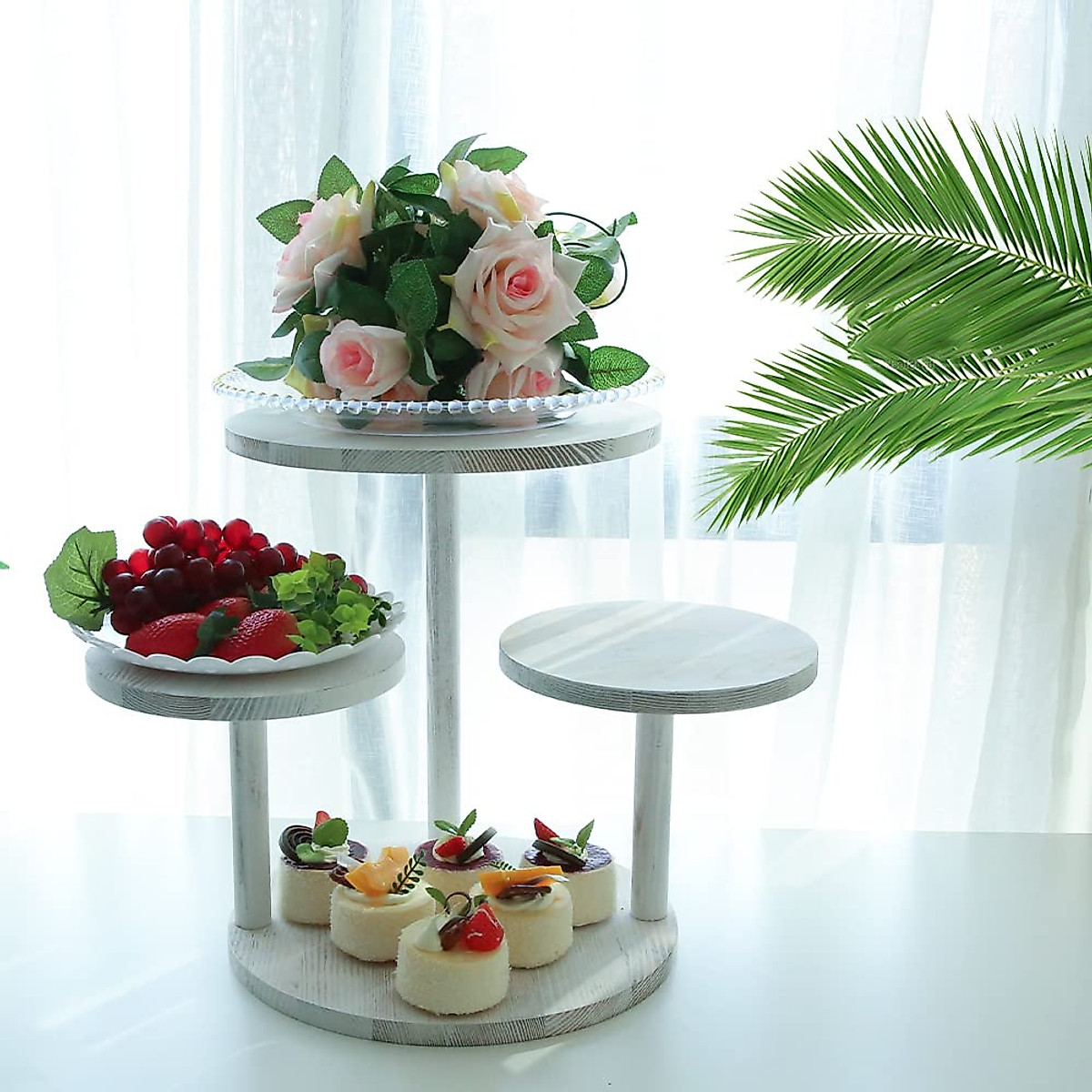 Wood Tiered Serving Trays, Wooden Display Stand Tiered Tray Stand Dessert Tray for Party, Round Serving 4 Tier Cupcake or Cake Tower Stand for Entertaining (Washed White)