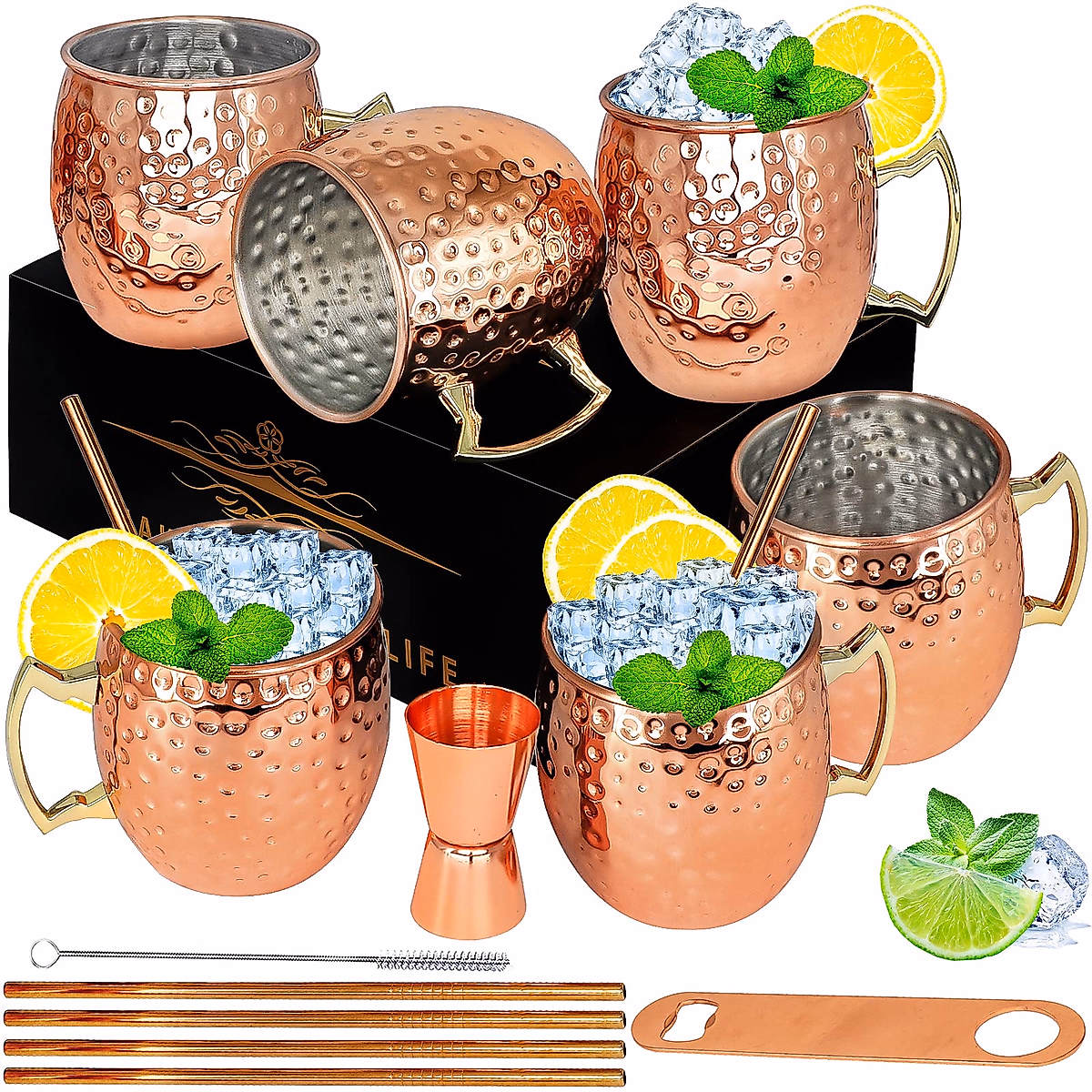LINALL Moscow Mule Copper Mugs- Set of 6 Copper Plated Stainless Steel Mug 18oz, for Chilled Drinks (6 Pack)