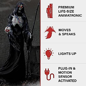 Haunted Hill Farm Motion-Activated 7-Ft. Tall Rotting Reaper, Plug-in Talking Scare Prop Animatronic for Indoor or Covered Outdoor Creepy Halloween Decoration