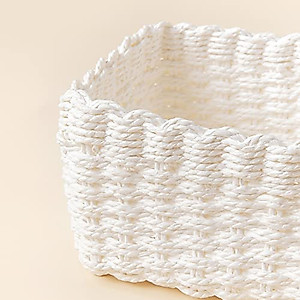 LA JOLIE MUSE Woven Storage Baskets for Organizing, Recycled Paper Rope Basket Bin Divider for Makeup Towel Shelf Cupboards Drawer Closet Dresser, Decorative White Storage Basket Set of 3