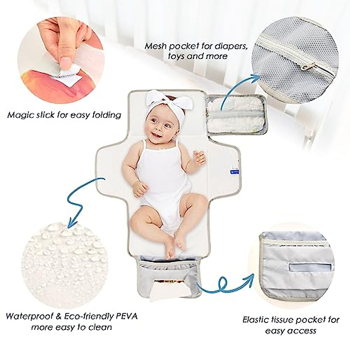 Peaches Pink Portable Baby Changing Pad Diaper Changing Table Pad Foldable Travel Changing Station with Built-in Pillow for Newborn Essentials Baby