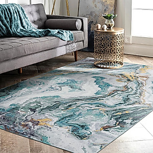 Fashriend Mountain Modern Area Rug, 4'x6' Abstract Colorful Rug, Non-Shedding Marble Accent Rug, Easy Care Aesthetic Carpet with Low Pile for Living Room, Bedroom, Dining Room, Office, Green