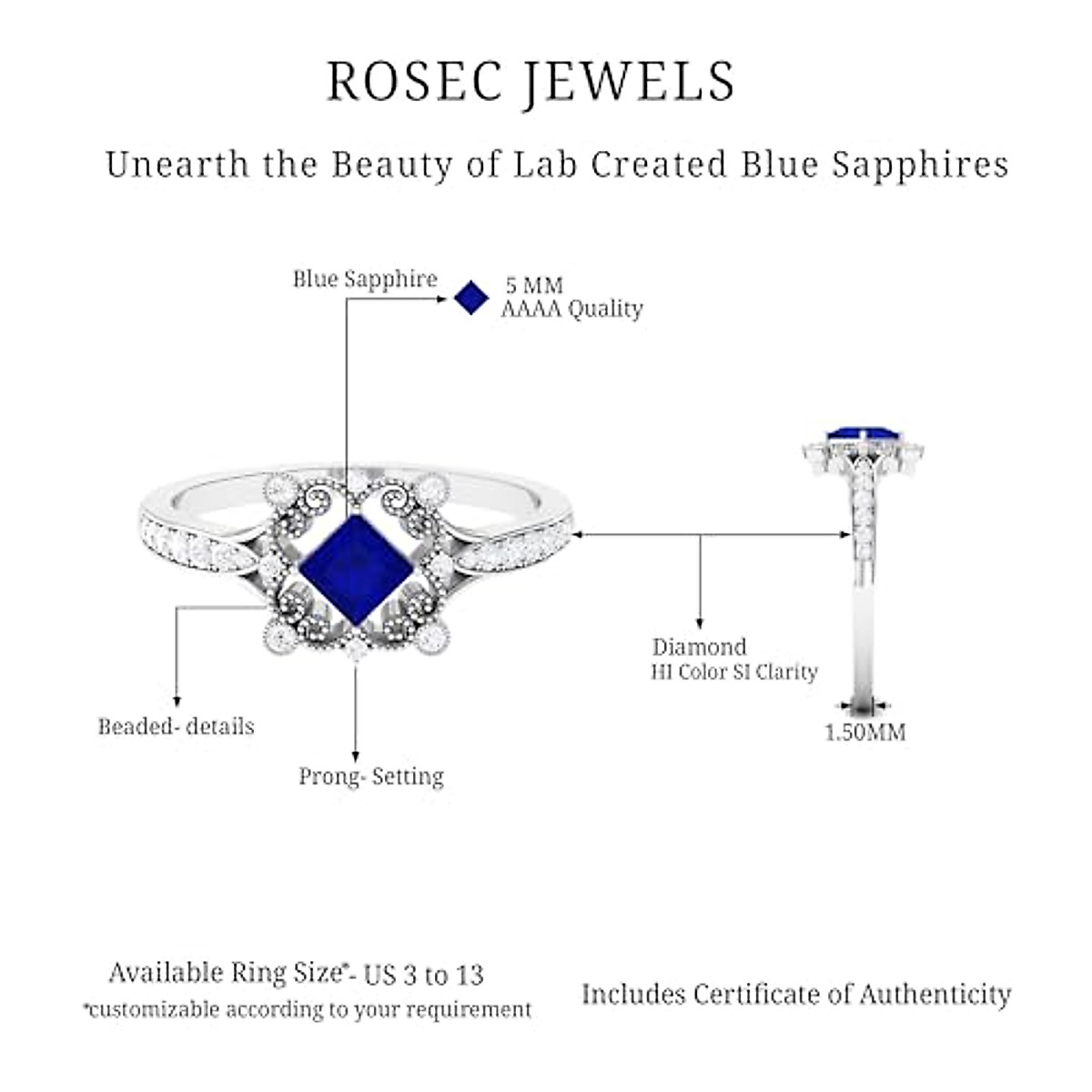 Rosec Jewels Certified Lab Grown Blue Sapphire Diamond Vintage Ring, 5 MM Sapphire Princess Cut Engagement Ring, AAAA Quality, 14K Yellow Gold, Size:US 7.50