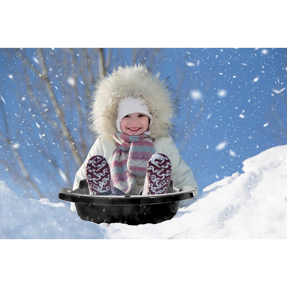 Superio Toboggan Snow Sleds for Kids and Adults, Pack of 3 46" Heavy Duty Plastic Open Back Sliders with Handles and Holes for Pull Ropes- (Ropes Excluded) Kid and Adult Winter Fun (Black)