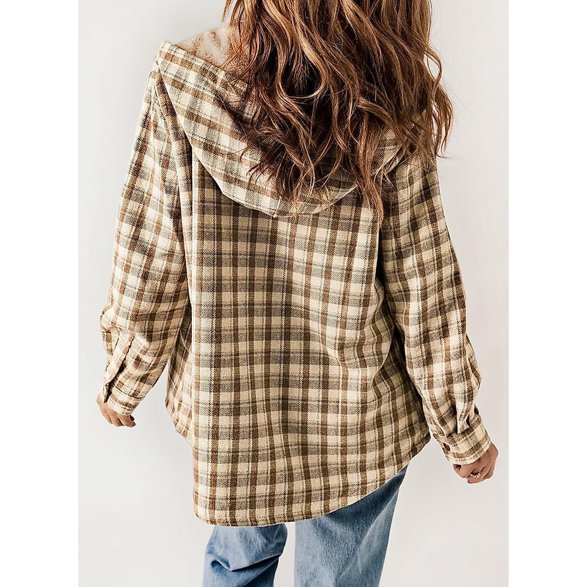 Dokotoo Shacket Jacket Women Fashion Plaid Oversized Hooded Long Sleeve Flannel Shirts Button Down Sherpa Coats Pocketed Casual Winter Fall 2024 Thick Fleece Lined Oversized Outerwear Khaki S