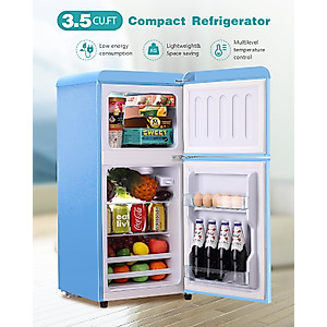 EUASOO FLS-80-Blue 3.5Cu.Ft Compact Refrigerator, Small Refrigerator with freezer, Retro Fridge with Dual Door, 7 Level Adjustable Thermostat for Garage, Dorm,Bedroom, Office, Apartment