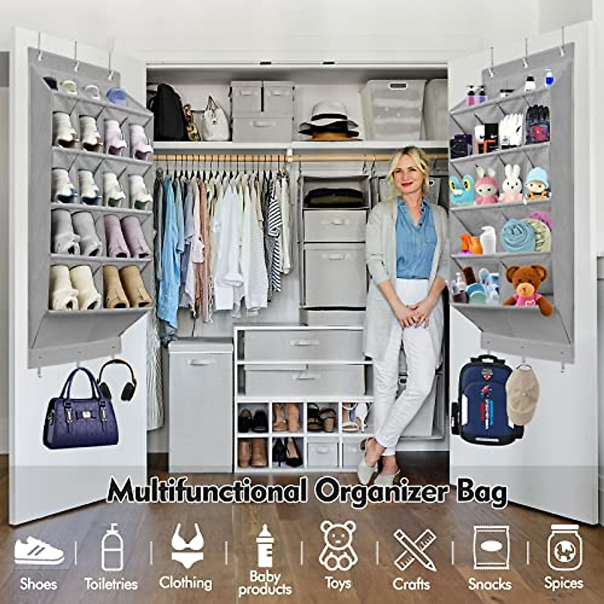 Felibeaco Over the Door Shoe Organizer, Hanging Shoe Organizer with 16 Large Deep Pockets, Sturdy Oxford 600D Fabric Door Shoes hanger rack for closet,Dorm, Narrow Door, Gray