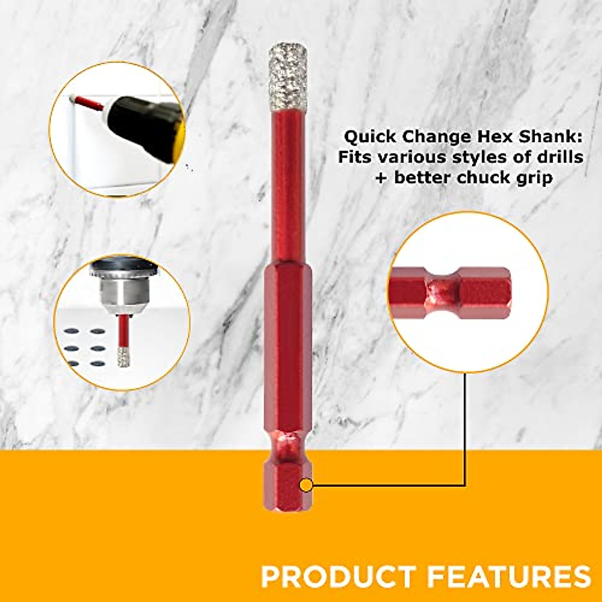 Superior Diamond Tools Dry Diamond Drill Bits - 3pcs 1/4'' (6mm) Quick Change Hex Shank - Diamond Hole Saw for Ceramic Porcelain Granite Marble - Tile Drill Bit - Diamond Drill Bits for Stone