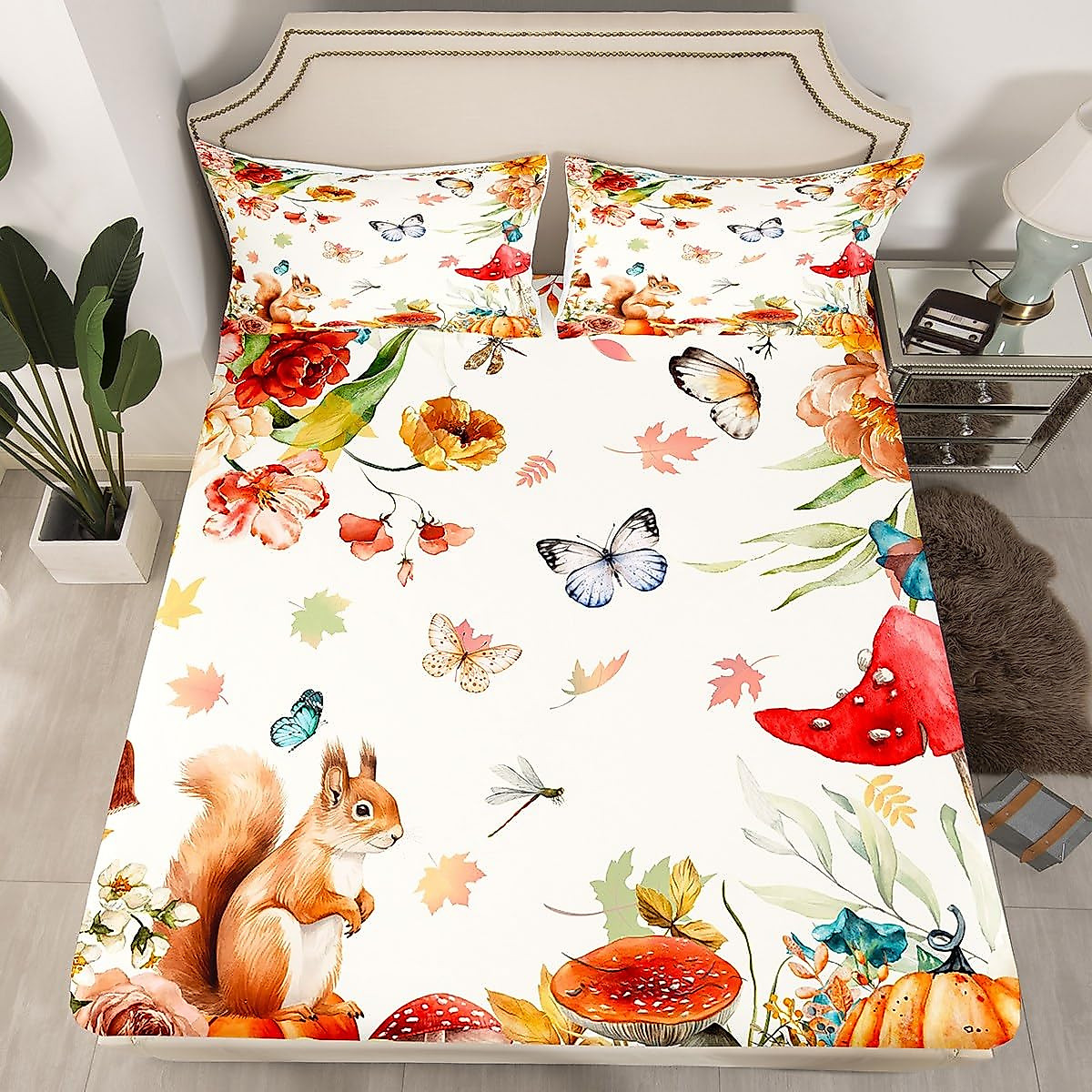 Erosebridal Cute Squirrel Comforter Set Full Size for Girls Women Fall Decor Sheet Set Thanksgiving Day Gifts Fitted Sheet Fall Season Flat Sheet 4 Piece Lovely Butterfly Mushroom Floral Sheets