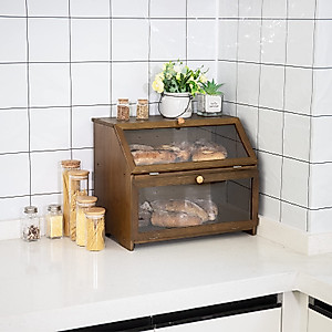 HOMEKOKO Double Layer Large Bread Box for Kitchen Counter, Wooden Large Capacity Bread Storage Bin (Brown)