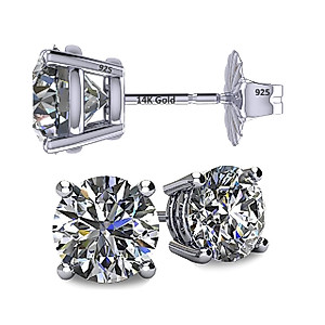 Central Diamond Center 14K Solid Gold Post & Sterling Silver 4 Prong CZ Stud Earrings - Platinum Plated - 8.00mm - 4.00cttw