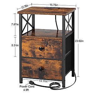 AMHANCIBLE Night Stand Set 2, Nightstand with Charging Station, End Tables Living Room with USB Ports and Outlets, Bedside Tables with Fabric Drawers for Bedroom, Rustic Brown HET05XBR