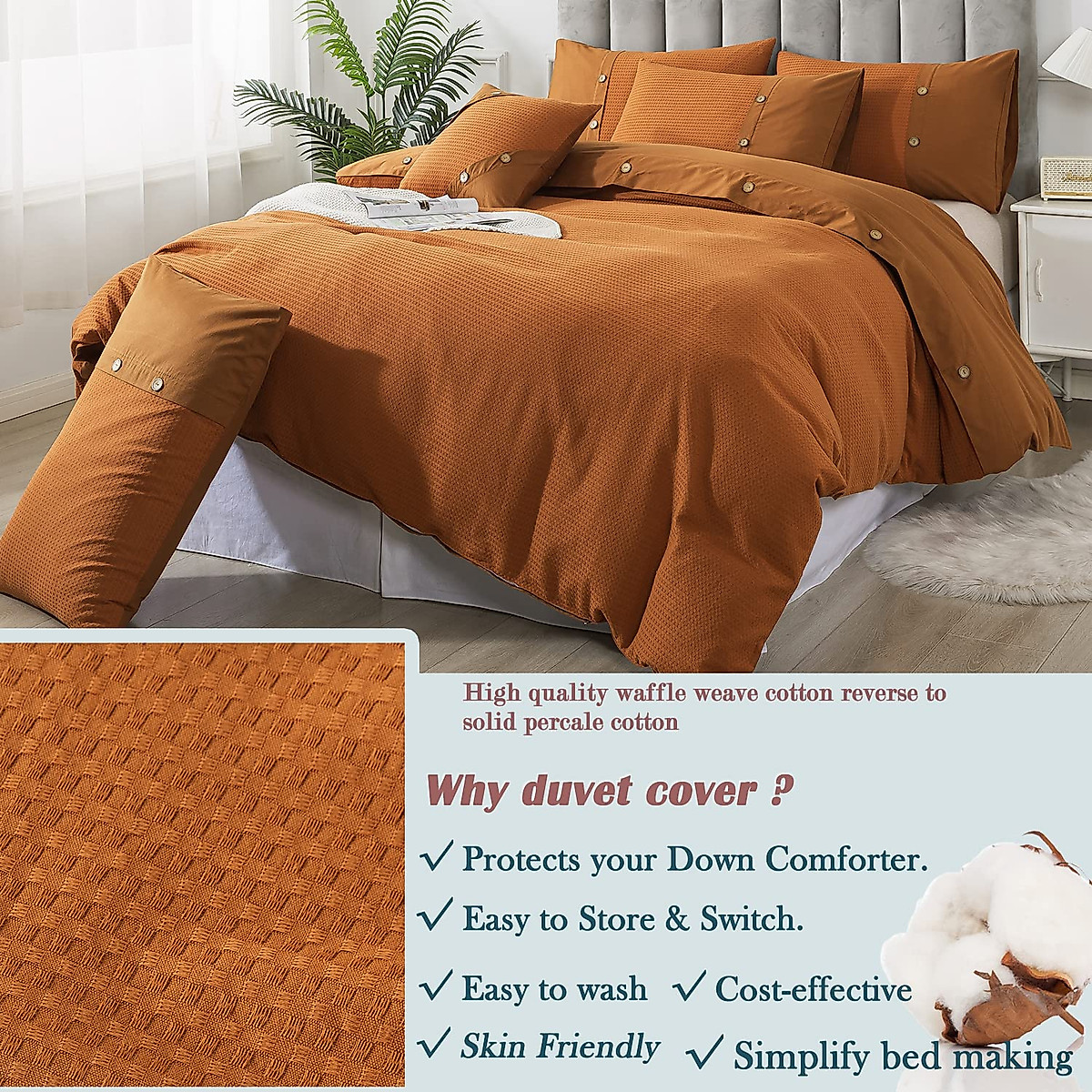 FADFAY Burnt Orange Duvet Cove Set King/Cal King Cotton Waffle Weave Bedding Zipper Comforter Cover Reversible Luxury Textured Terracotta Bedding Embellished Button Soft Breathable All Season 3Pcs