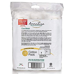 AnnaLisa 100% Pure Combed Cotton Rounds 3 Packs of 80 Hypoallergenic & Absorbing Cotton Pads for Face/Makeup/Nail Polish Removal |240-Piece Italian Round Facial Cleansing|