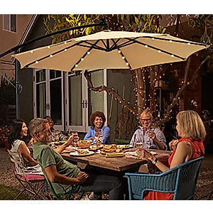 AECOJOY 10FT Patio Outdoor Umbrella with Solar Powered LED Hanging Offset Umbrella with Cross Base, 24 LED Lights for Backyard, Beige