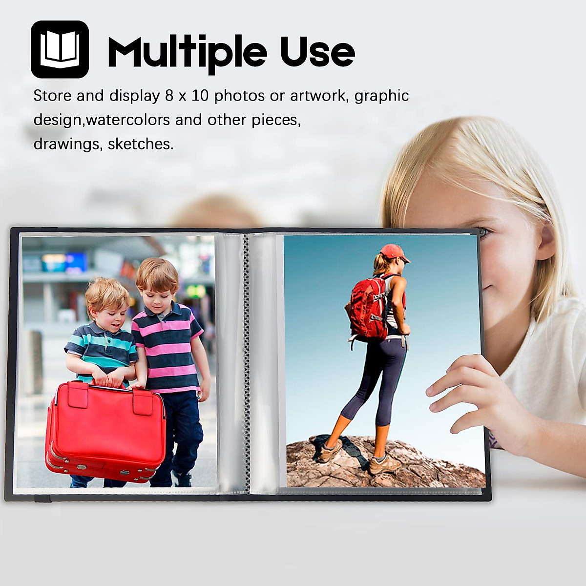 Photo Album 8x10, 8x10 Photo Album Book Holds 68 Photos, Art Portfolio Binder for 8 x 10 Pictures, Photo Albums for 8x10 Photos, 10x8 Sheet Protector Folder for Photos, Kids Artwork, Sketch (Black)