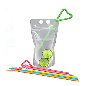 Drink Pouches Bag with Straws 20 Pack 17oz Plastic container Reclosable Zipper Hand-held Heavy Duty Ice Drinking Juice Pouches Bags